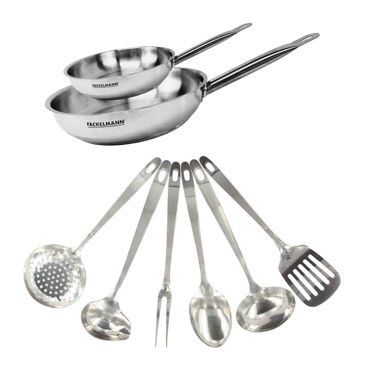 Set de 2 poêles de 20 et 28 cm en inox et 6 ustensiles inox Eterna Fac - www.mathon.fr