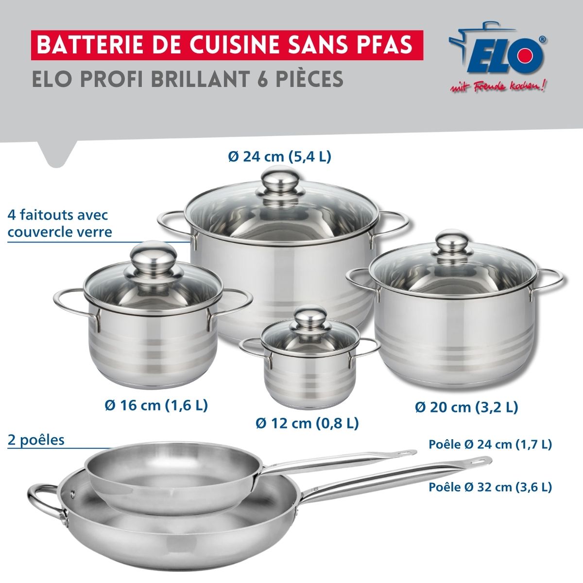 Ensemble de 2 Poêles de cuisson 24 et 32 cm et 4 faitouts 12, 16, 20 e - www.mathon.fr